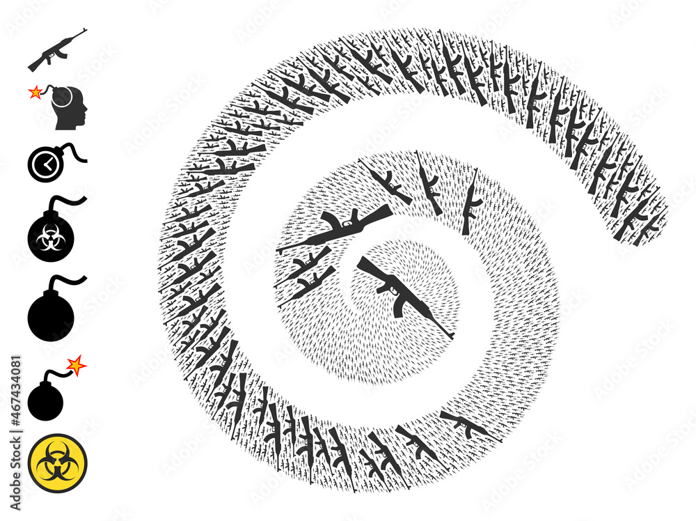 Kalashnikov gun icon spiral mosaic. Kalashnikov gun elements are united ...