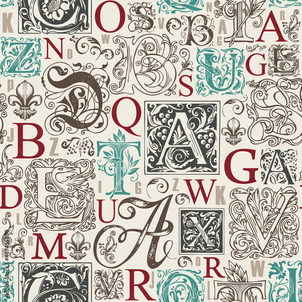 Vector seamless pattern with hand-drawn initial and capital letters on ...