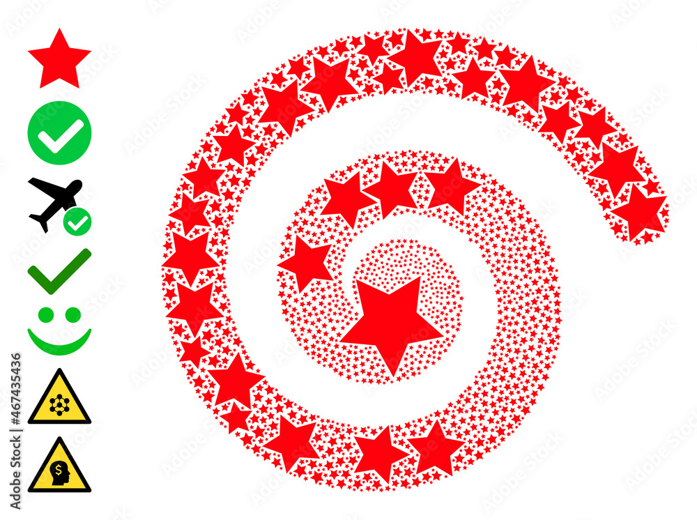 Star icon spiral twist mosaic. Star signs are organized into curl ...