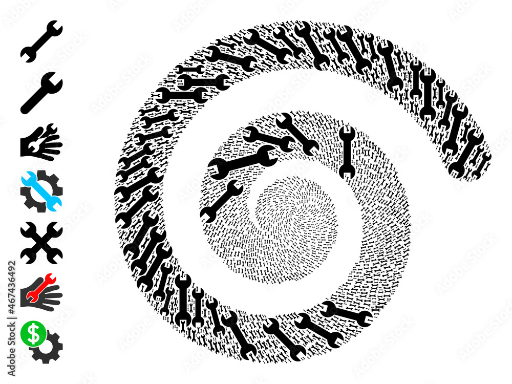 Spanner icon spiral collage. Spanner signs are formed into curl design ...