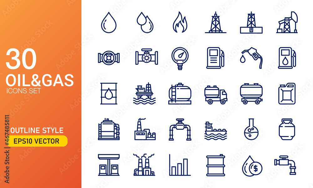 Oil and gas icon set. Oil and energy mining company outlined icon ...