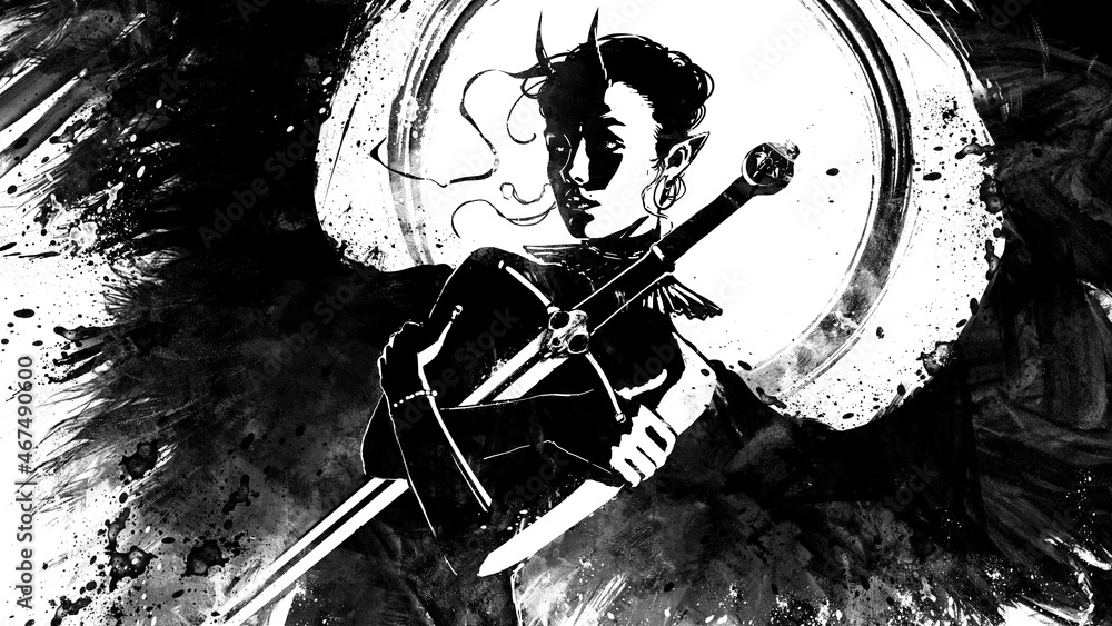 A blob-like beautiful demon woman with thin horns and huge black ...