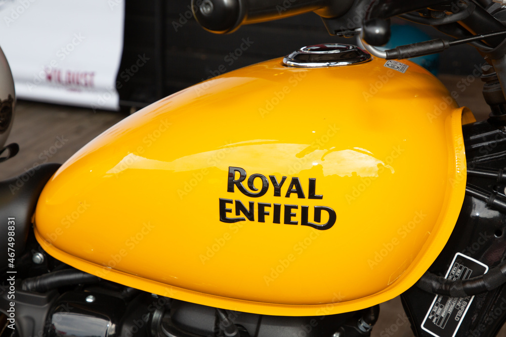Royal Enfield meteor brand logo and sign text on 350 motorcycle fuel ...