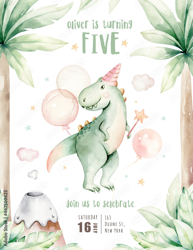 Watercolor cute dino. Dinosaurs Set Isolated on a White Background Hand ...