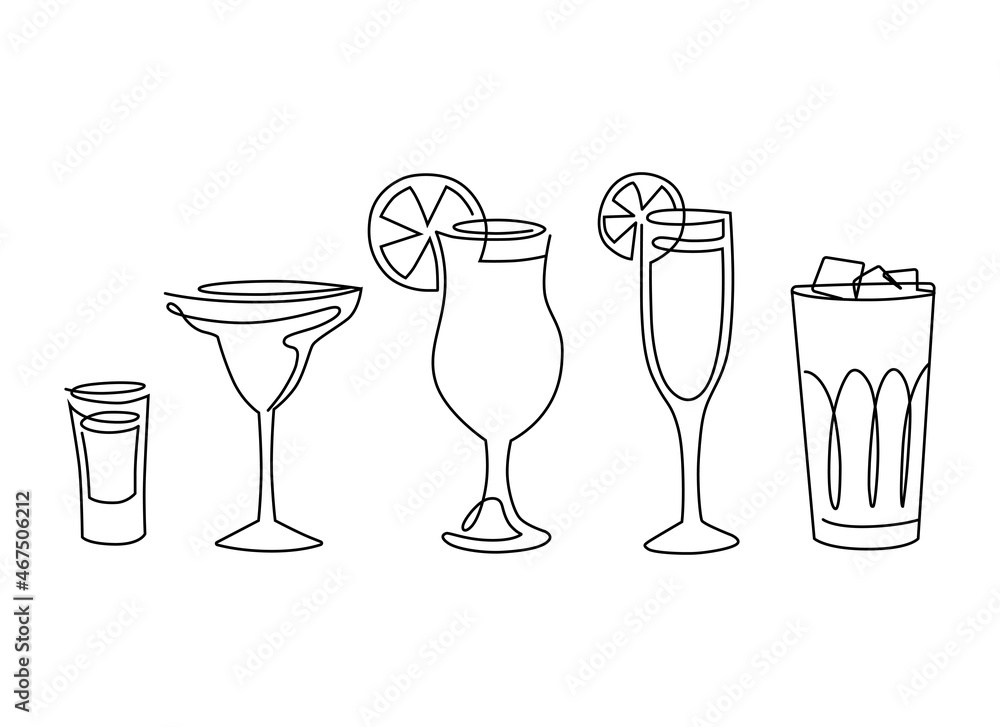 Line art set of alcohol drinks. Cocktail with a piece of fruit Stock ...