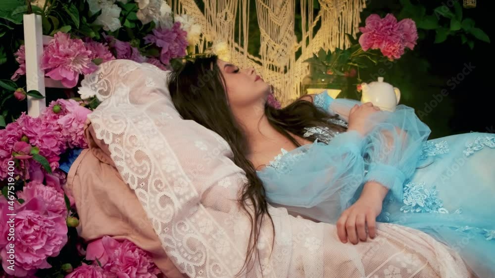 Sleeping fairy beauty smiles happy girl princess in sleep. Fantasy ...