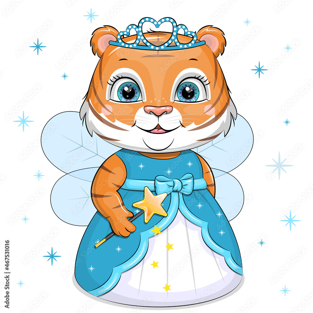 Cute cartoon fairy tiger in a blue dress. Vector illustration of an ...