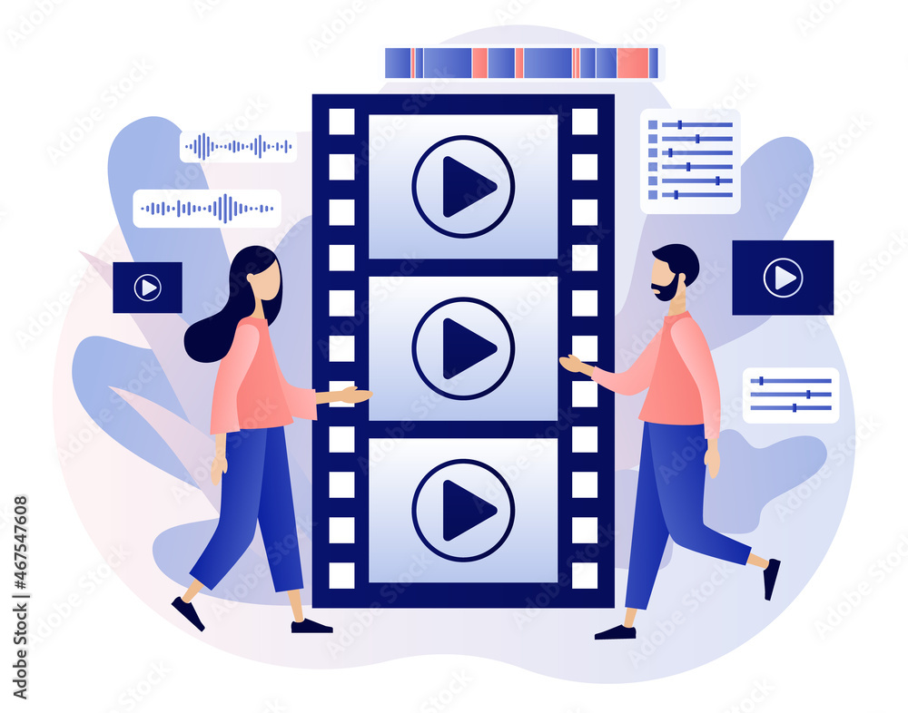 Vecteur Stock Video editor. Tiny people footage editing and making ...