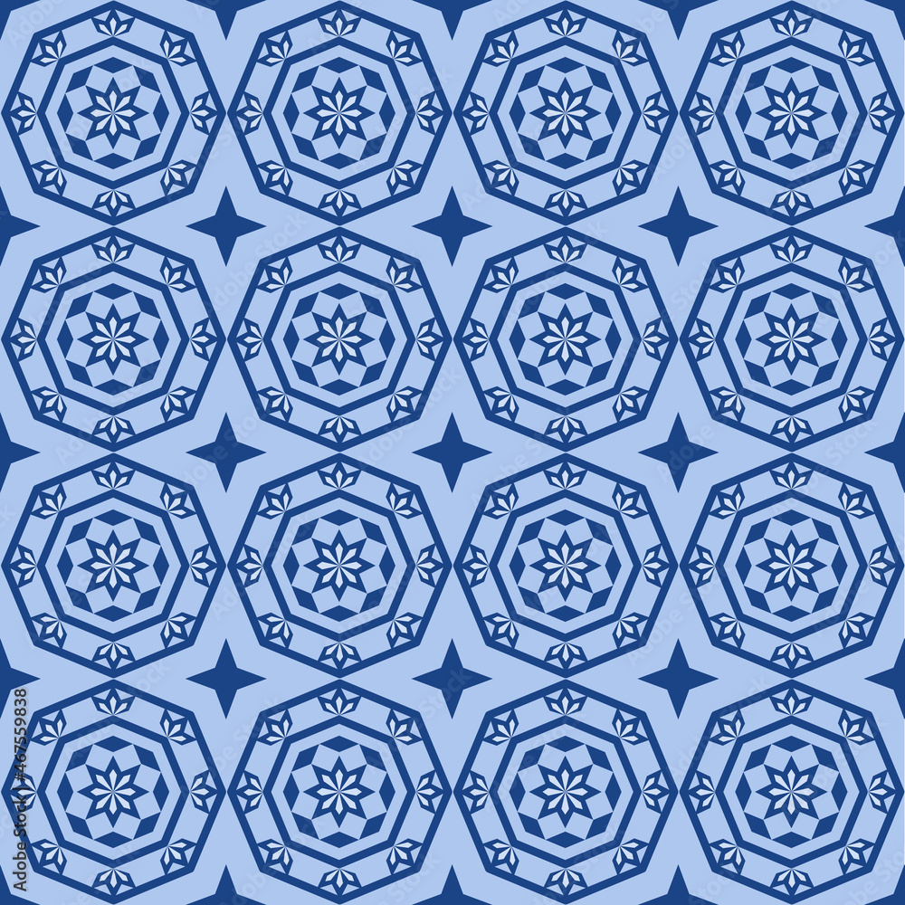 Seamless beautiful pattern of blue flowers in octagon shape with star ...