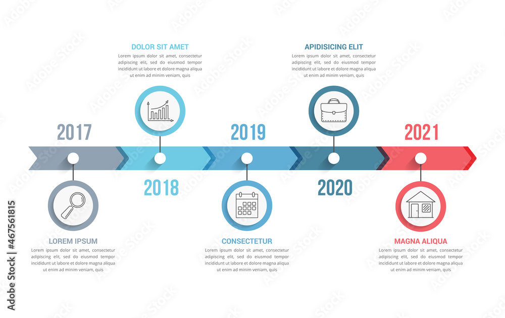 Horizontal timeline template with five arrows, infographic template for ...