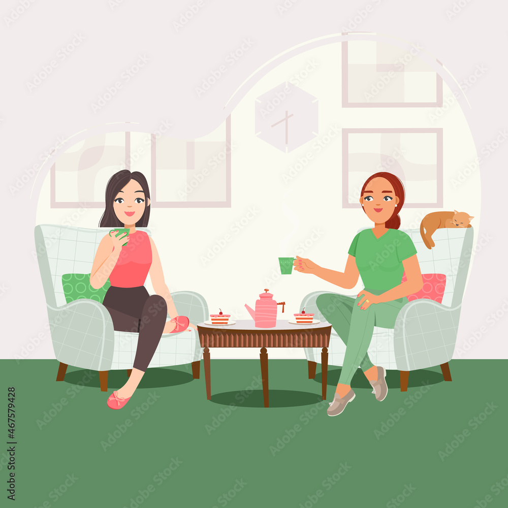 Two women chatting over cup of tea or coffee. Women relax in the ...