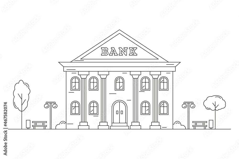 Landscape with a bank building drawn with contour lines on a white ...