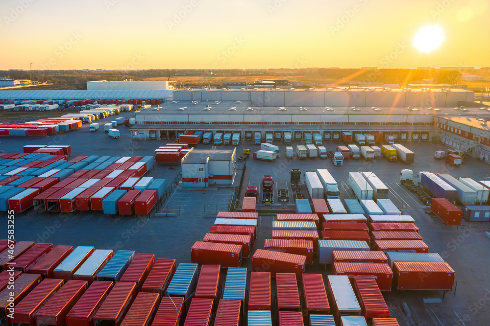 Aerial view of a logistics park with warehouse, loading hub and many ...