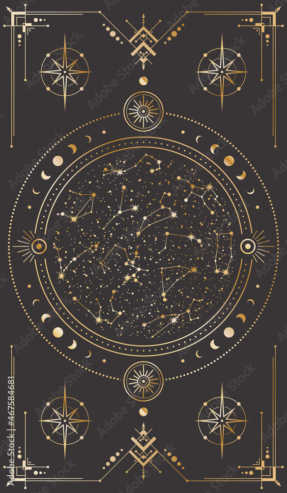 Vector golden celestial background with ornate outline geometric frame ...