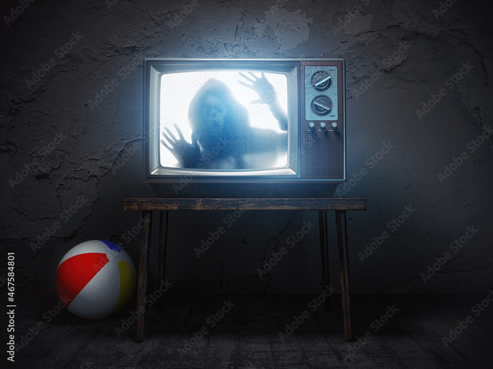 Horror scary movie concept. Ghost silhouette on screen of vintage tv in ...