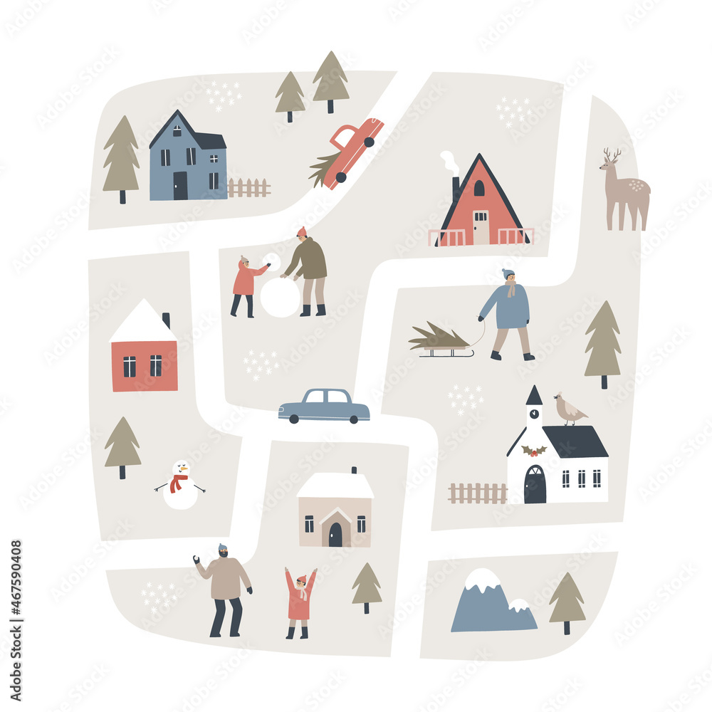 Christmas town map with people doing winter activities. Hand drawn ...