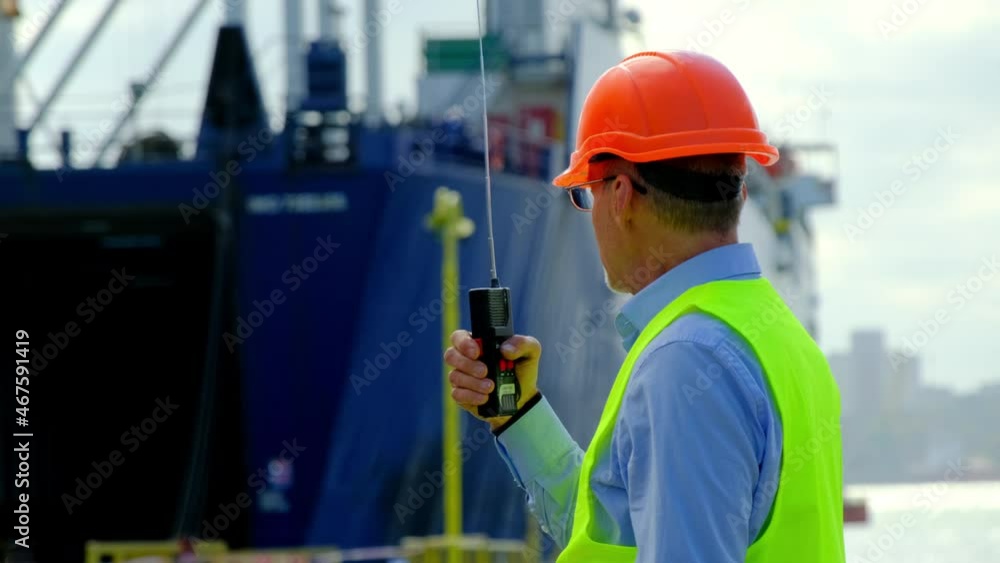 Sea industry port ship safety. Senior manager talks to shipbuilding ...