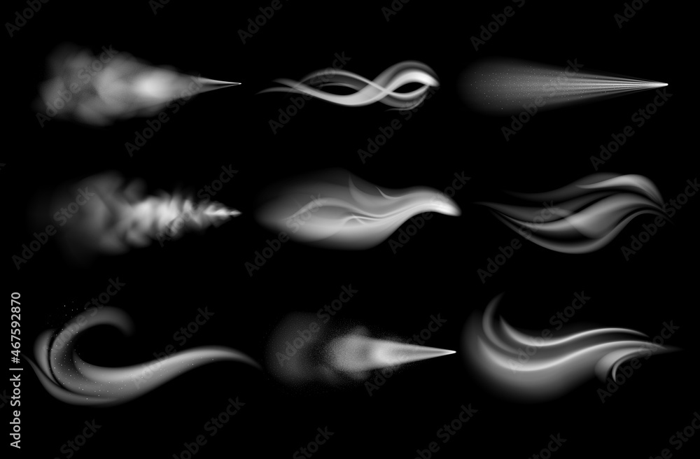 Realistic wind blow. 3D air spray and steam jet effect. Water vapor ...