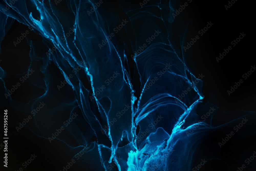 Abstract blue electric wave on black technology background. Neon light ...
