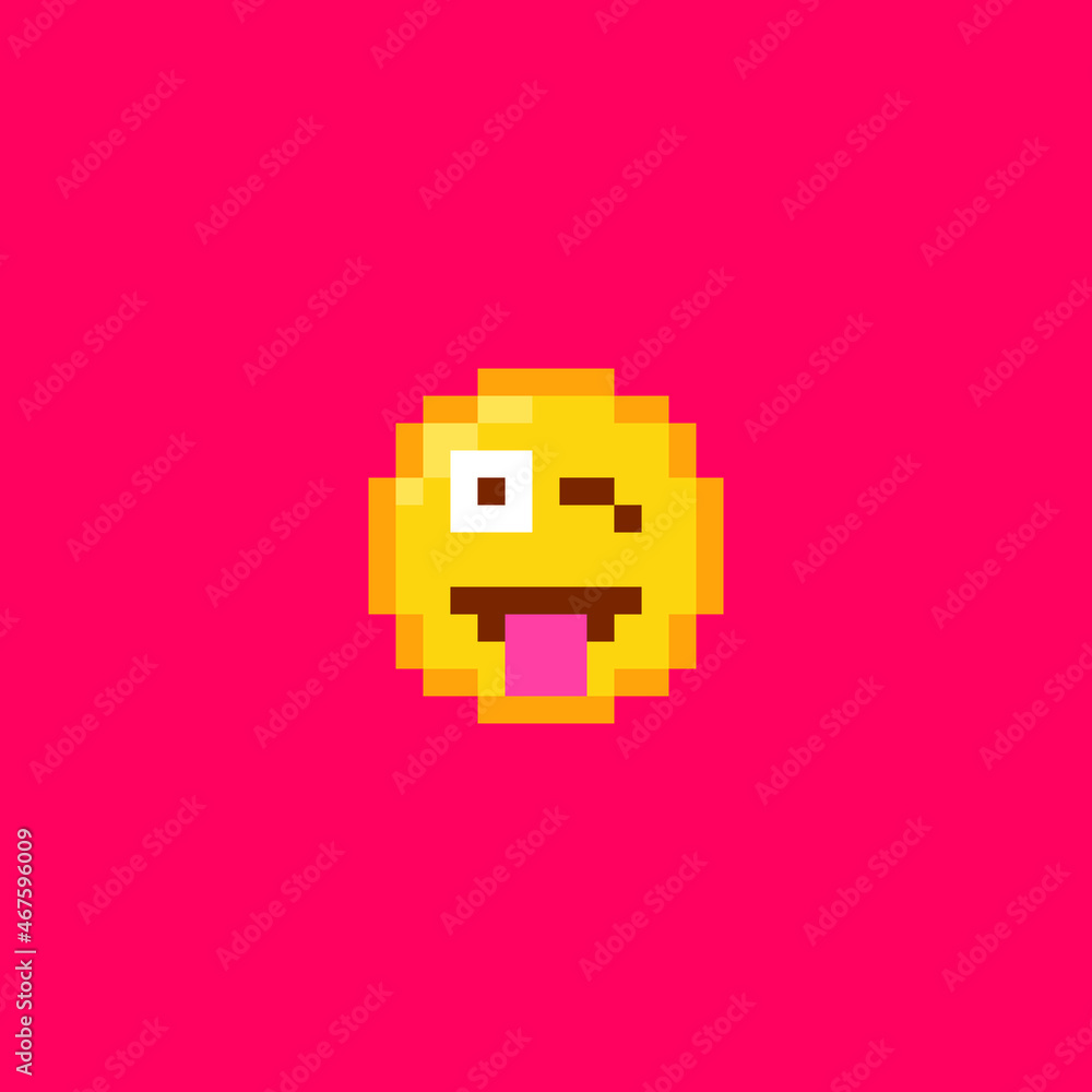 Pixel art Winking Emoji face with tongue icon. Vector cute pixel joking ...