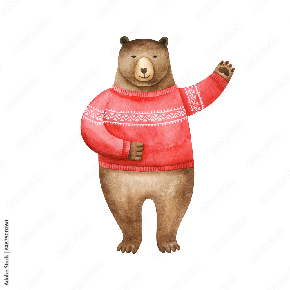 Watercolor brown bear in red Christmas sweater weaving a paw. Holiday ...