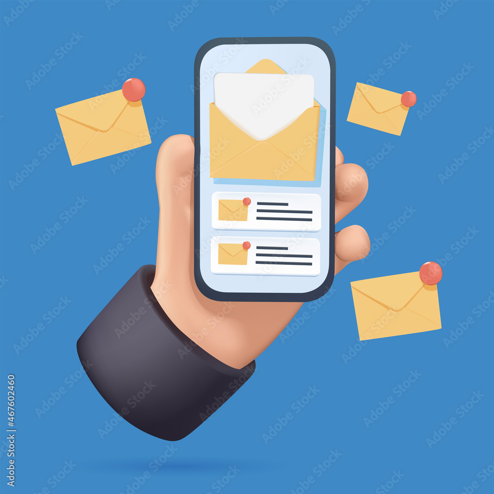 Hand holding mobile smart phone with mail app. Mail service concept. 3D ...