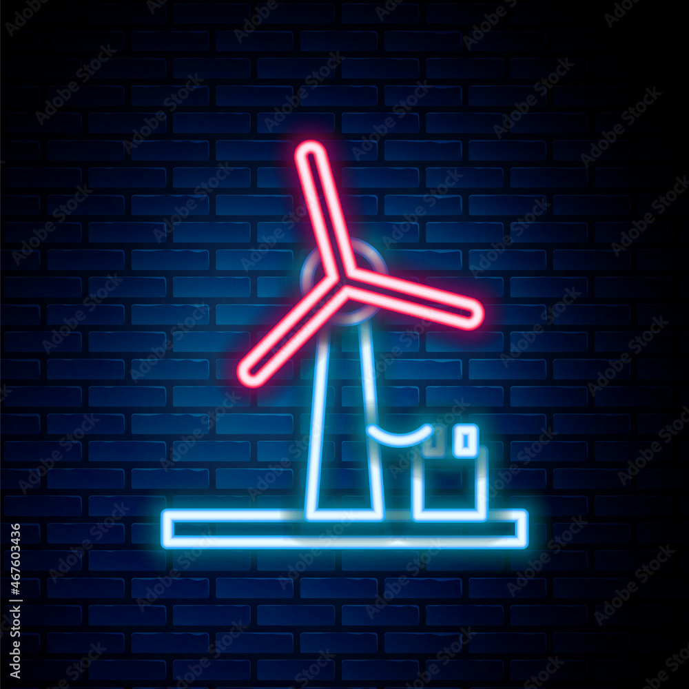 Glowing neon line Wind turbine icon isolated on brick wall background ...