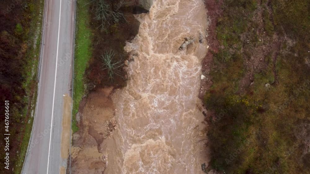 Powerful river. Water flood on river after heavy rain. Swollen river in ...