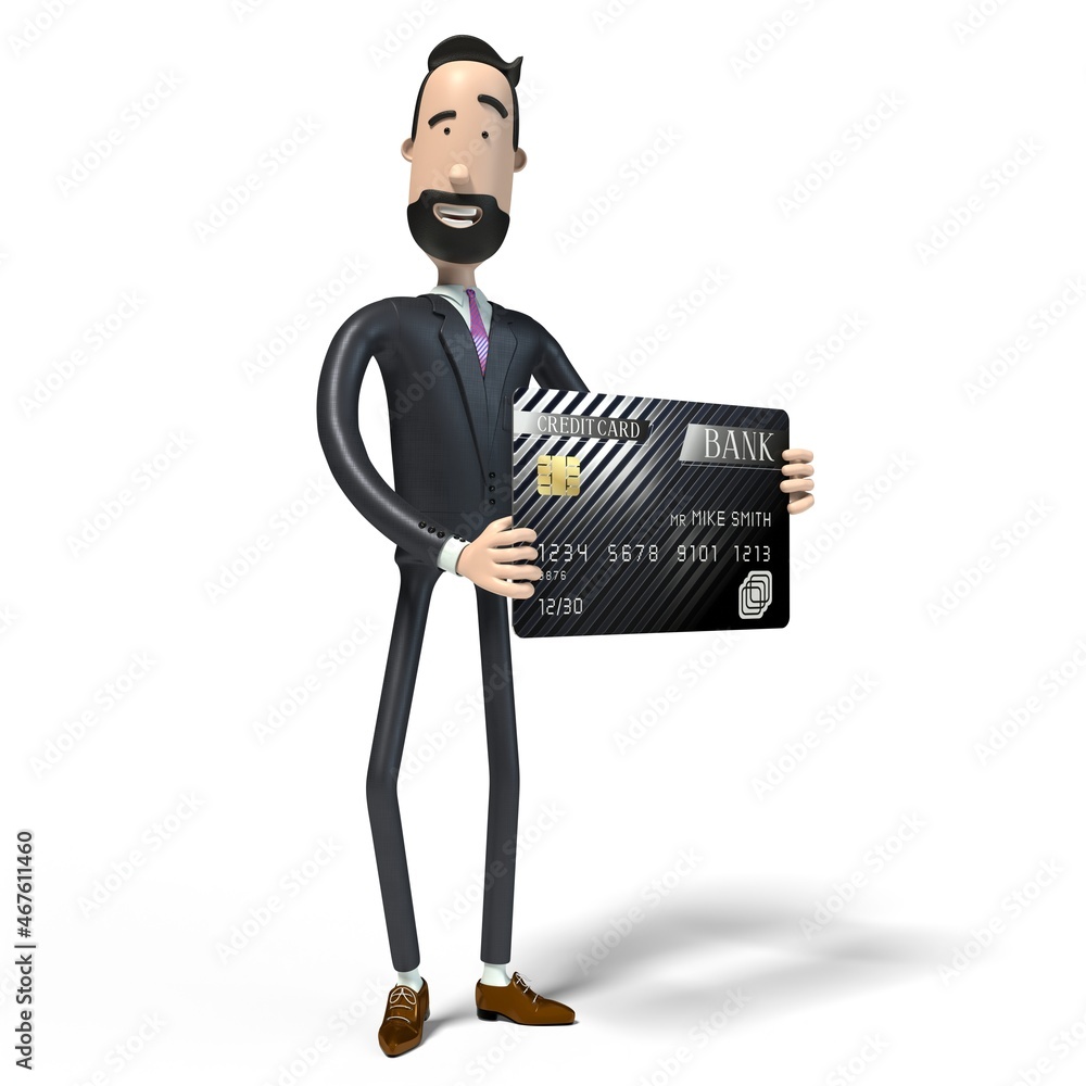 Handsome cartoon businessman holding credit card, white background - 3D ...