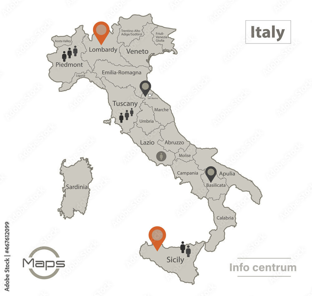 Italy map, individual regions with names, Infographics and icons vector ...