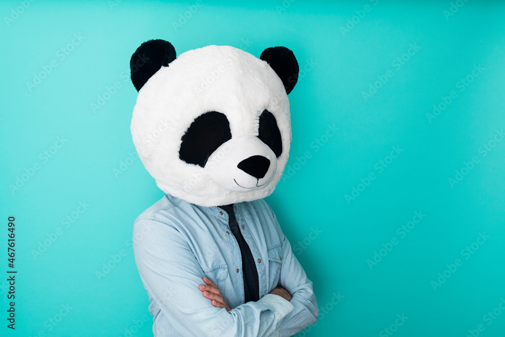Man in panda mask standing on coloured background. Happy lifestyle ...