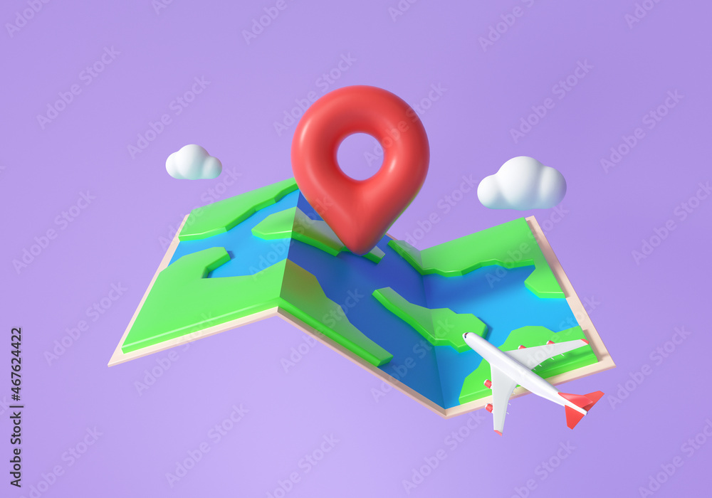 3D World Map icon with pin and airplane, travel concept. GPS navigator ...