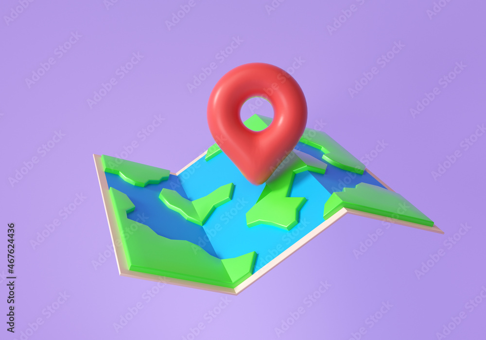 3D World Map icon with pins. travel concept. GPS navigator pin checking ...