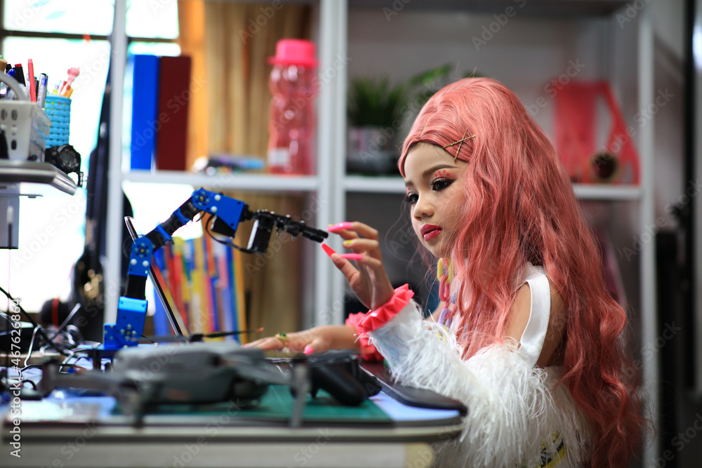 New generation girl learn about robotic control, Joyful young girl ...