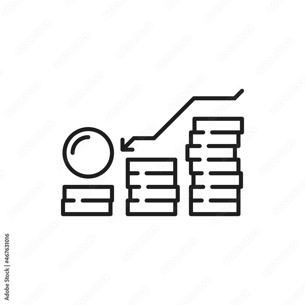 Money loss chart isolated coins stack with arrow down, thin line icon ...