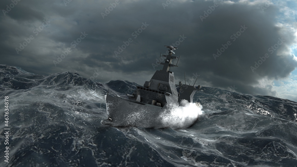 Navy ship vessel in stormy ocean Aerial top down view Aerial view of ...