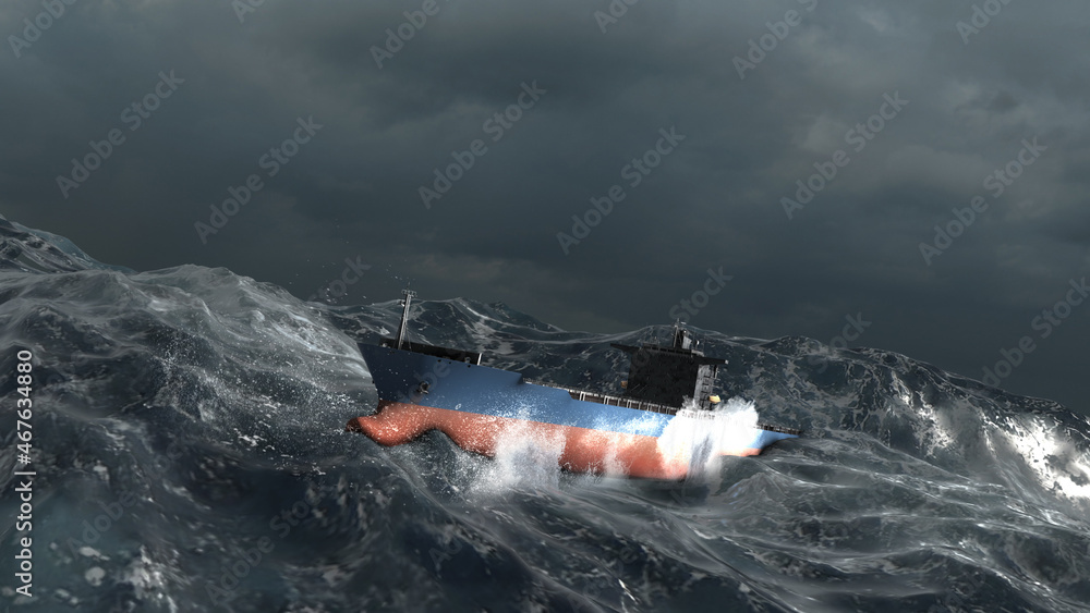 Empty Cargo Ship swinging in stormy ocean,aerial Sailing ship swinging ...