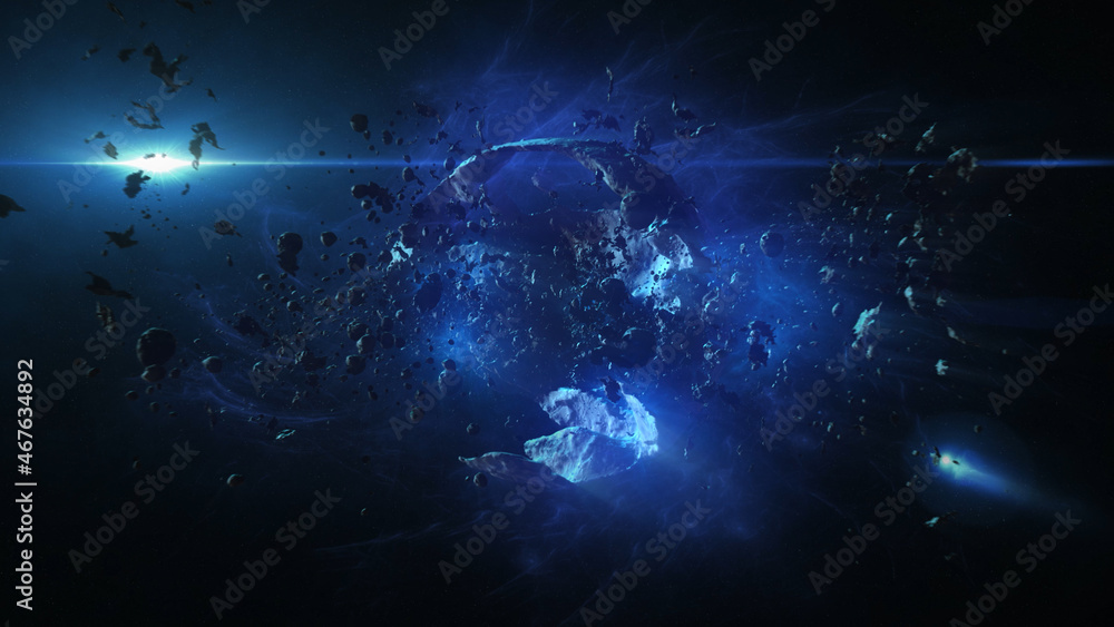Destroyed planet in deep space with asteroids and sun flares Cinematic ...