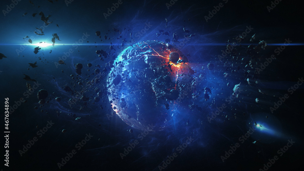 Illustrazione Stock Destroyed planet in deep space with asteroids and ...