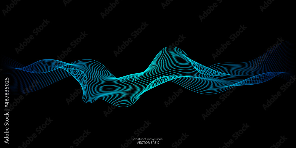 Vector abstract light lines wavy flowing dynamic in blue green colors ...