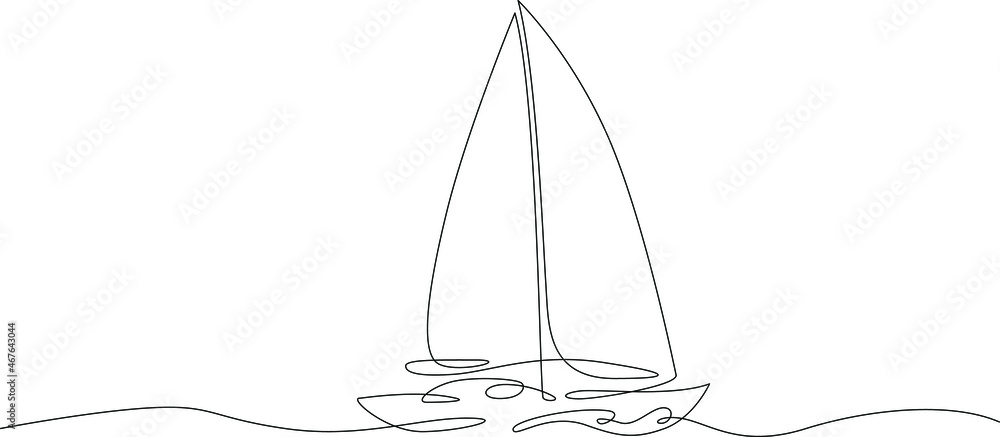 Marine ship sailing yacht.Set of sea ocean elements.One continuous line ...