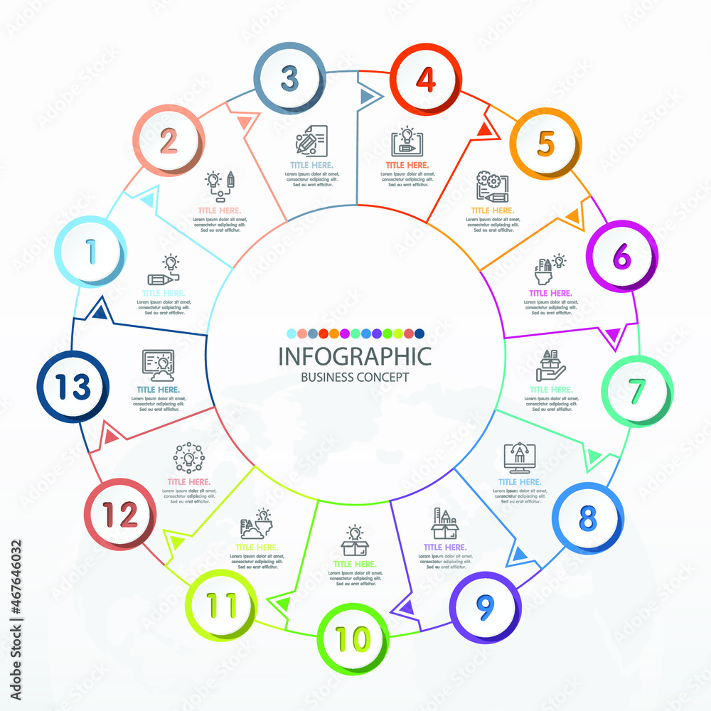 Basic circle infographic template with 13 steps, process or options ...
