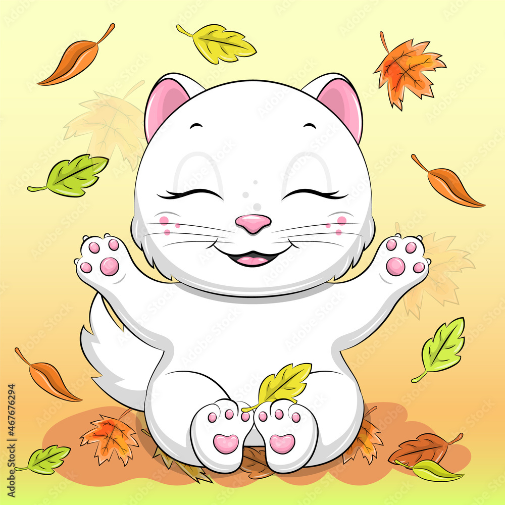 Cute cartoon happy white cat with autumn leaves. Vector illustration of ...