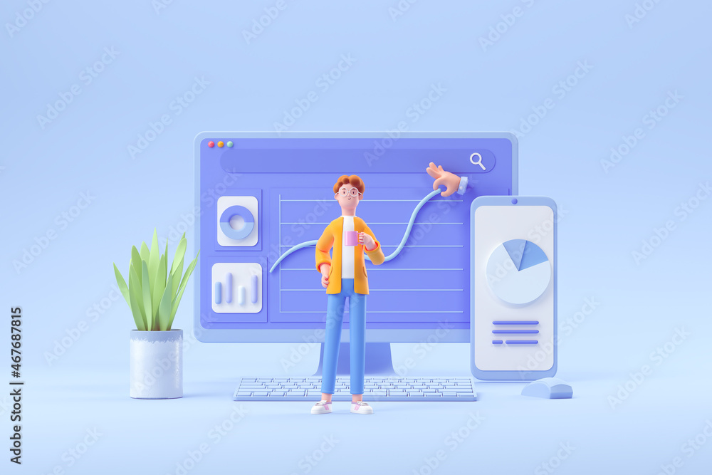 3d Cartoon character and Computer with open pages, web analytics, SEO Optimization, dashboard ...