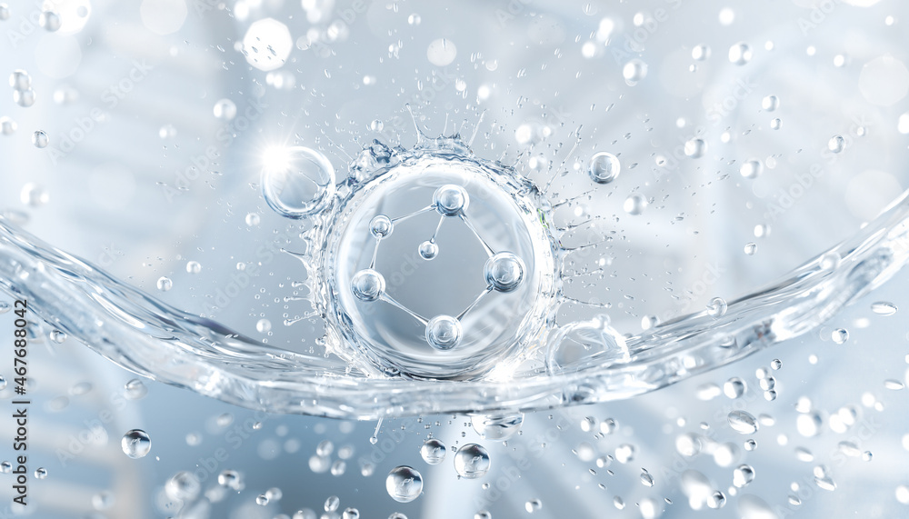 Cosmetic Essence, Liquid bubble, Molecule inside Liquid Bubble on water ...