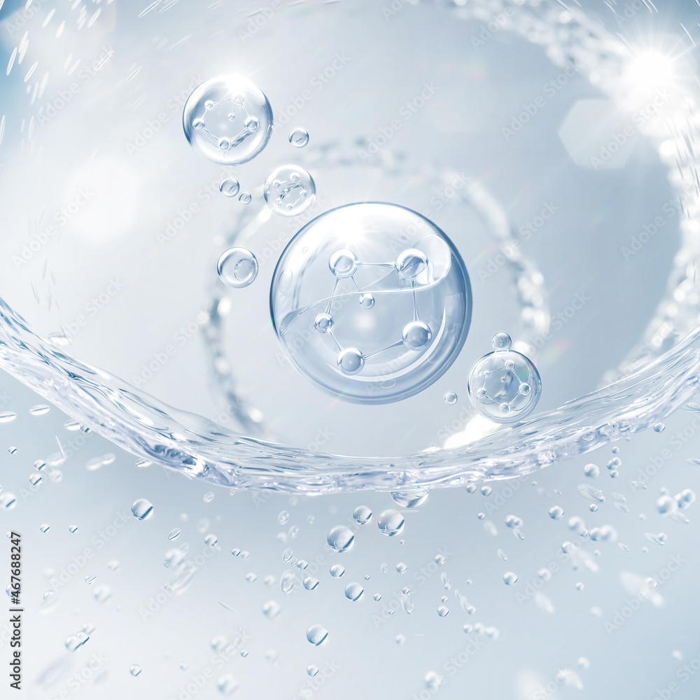 Cosmetic Essence, Liquid bubble, Molecule inside Liquid Bubble on water ...