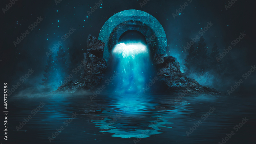 Underwater fantasy world. Futuristic fantasy night landscape with ...