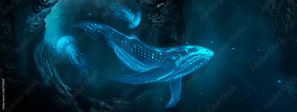Underwater fantasy world. The dark bottom of the ocean, the abyss ...