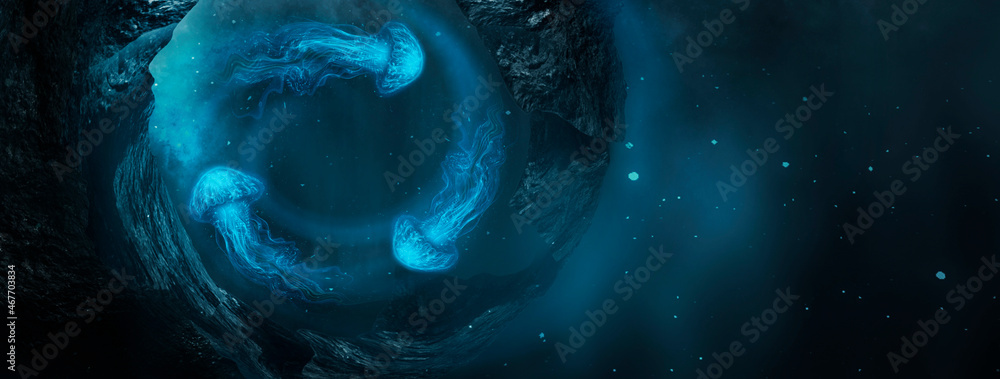 Underwater fantasy world. The dark bottom of the ocean, the abyss ...