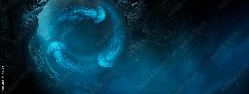 Underwater fantasy world. The dark bottom of the ocean, the abyss ...